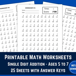 Single Digit Addition Worksheets Ages 5 to 7 25 Sheets - Etsy