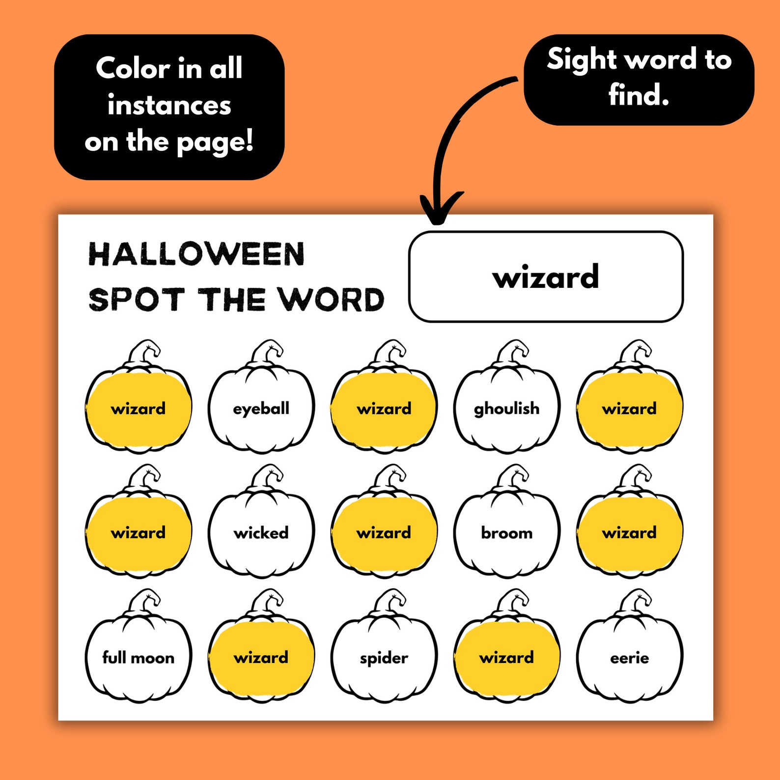80 Halloween Spot the Word Worksheets, Sight Word Recognition, Coloring ...