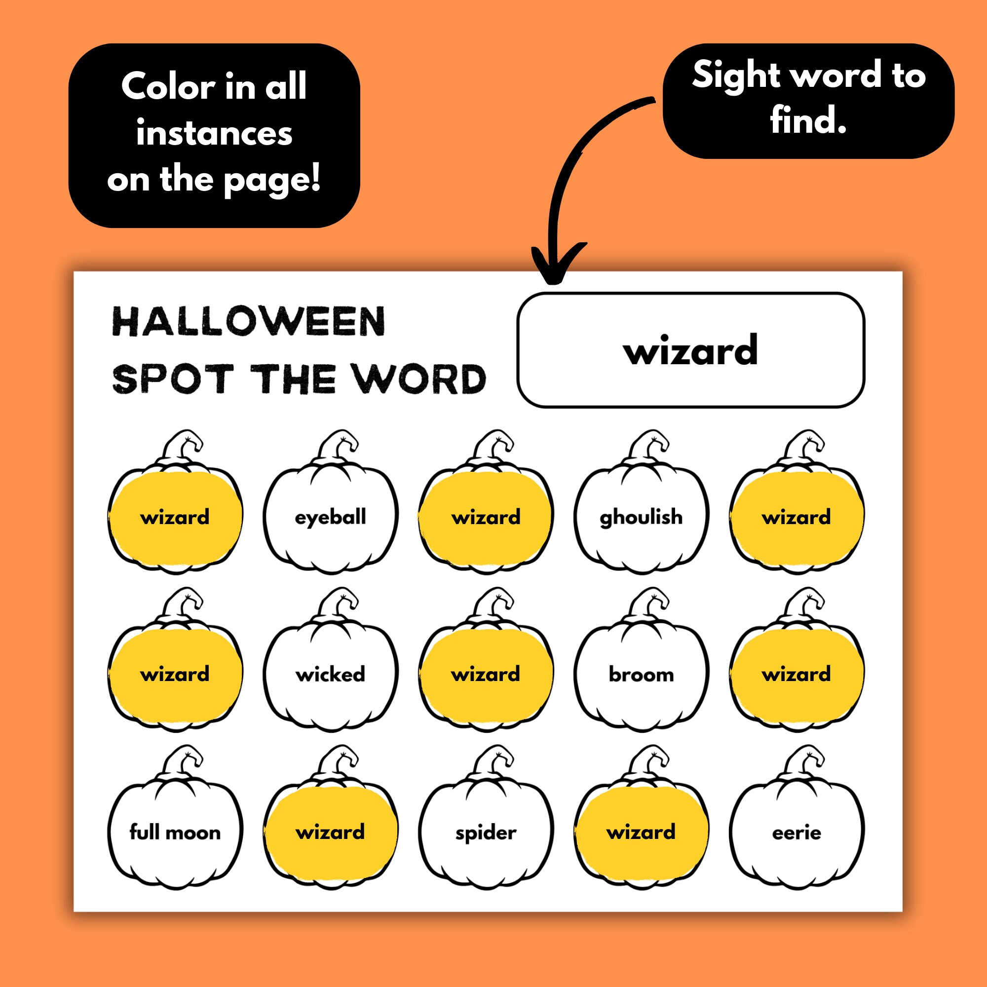 80 Halloween Spot the Word Worksheets, Sight Word Recognition, Coloring ...