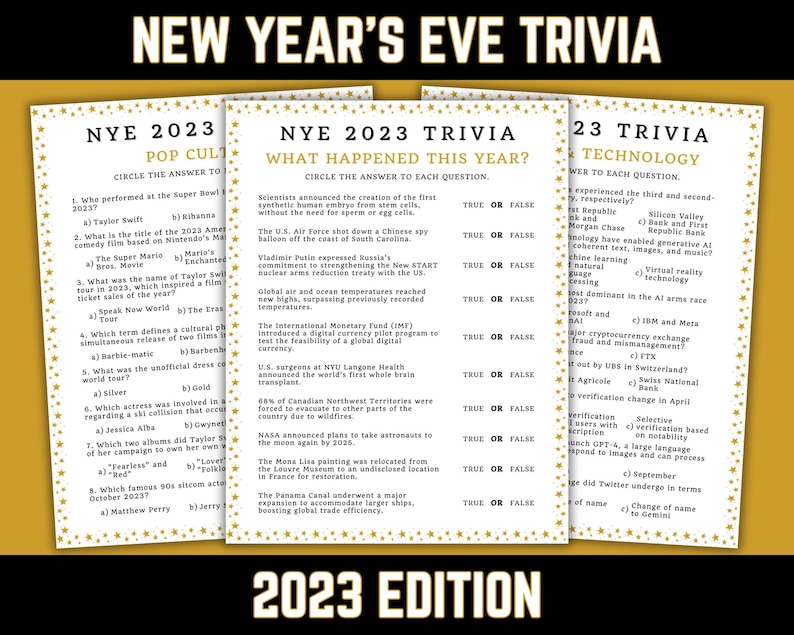New Year's Eve 2023 Trivia Pack, Printable Games Quizzes Activity Bundle for Adults, 2023 Pop ...