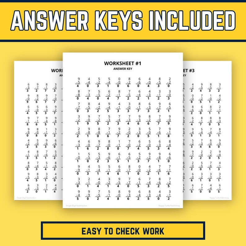 Printable Subtraction Worksheets With Answers, Subtracting Single Digit ...