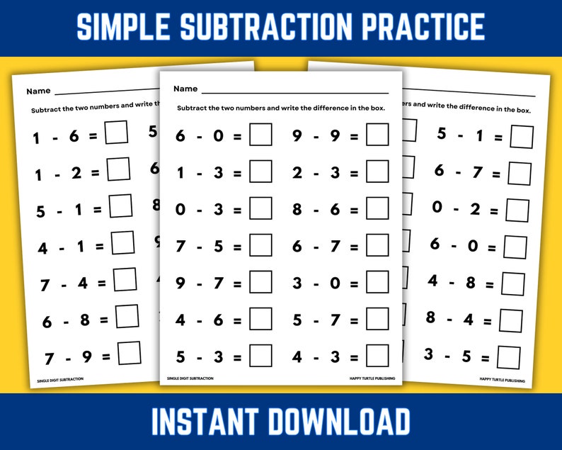 20 Printable Subtraction Worksheets Fill in the Blank Single - Etsy