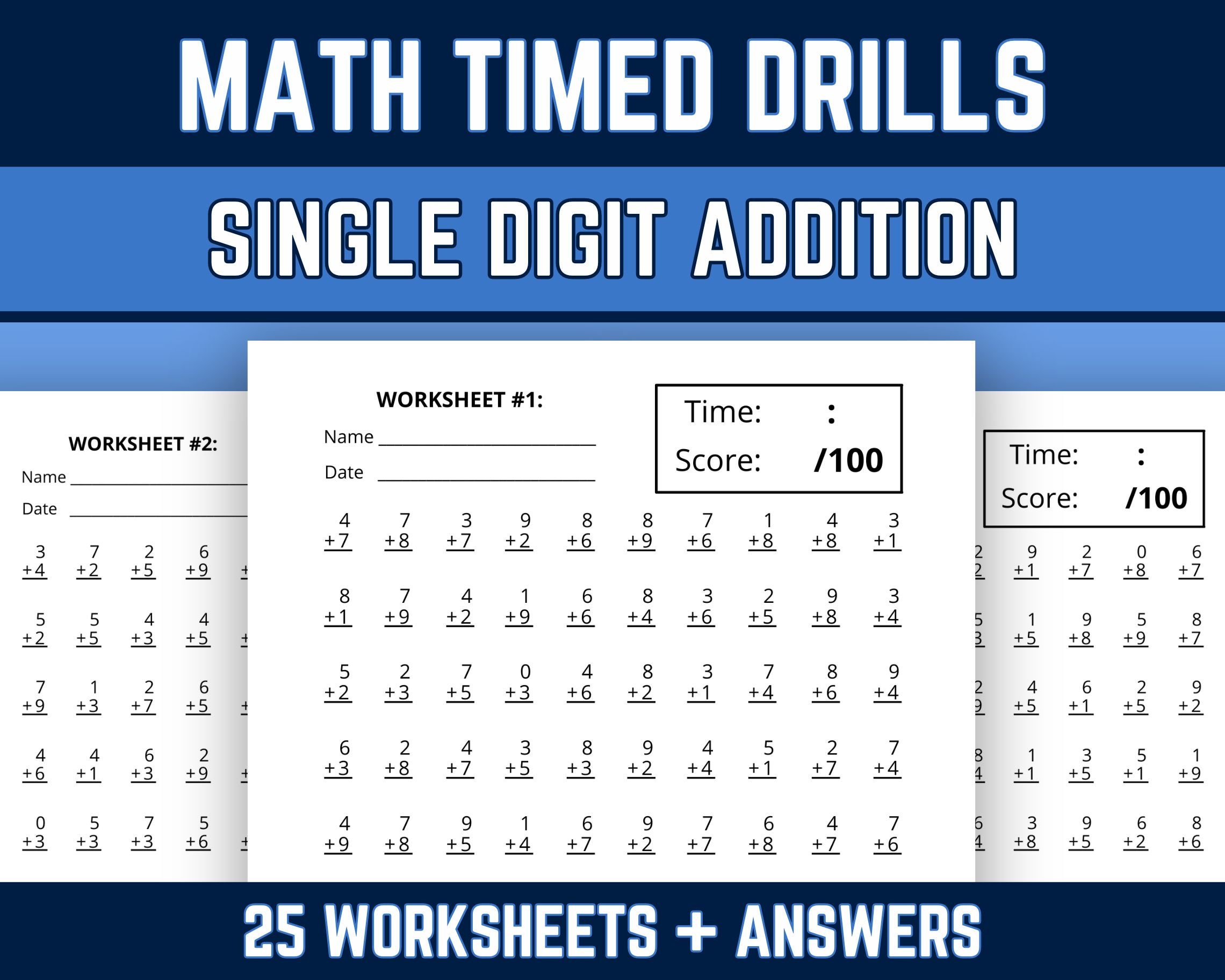 Single Digit Addition Worksheets, Elementary Math Practice, 1st 2nd ...
