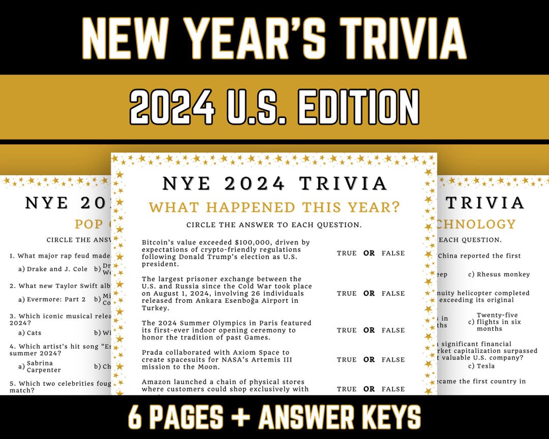 New Year's Eve 2024 Trivia Pack, Printable Games Quizzes Activities for ...