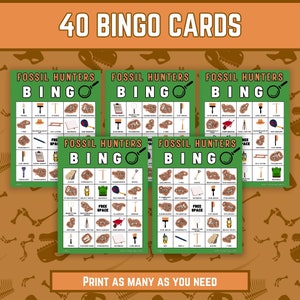 Fossil Paleontology Dinosaur Bingo, 40 Bingo Cards, Kids' Printable ...