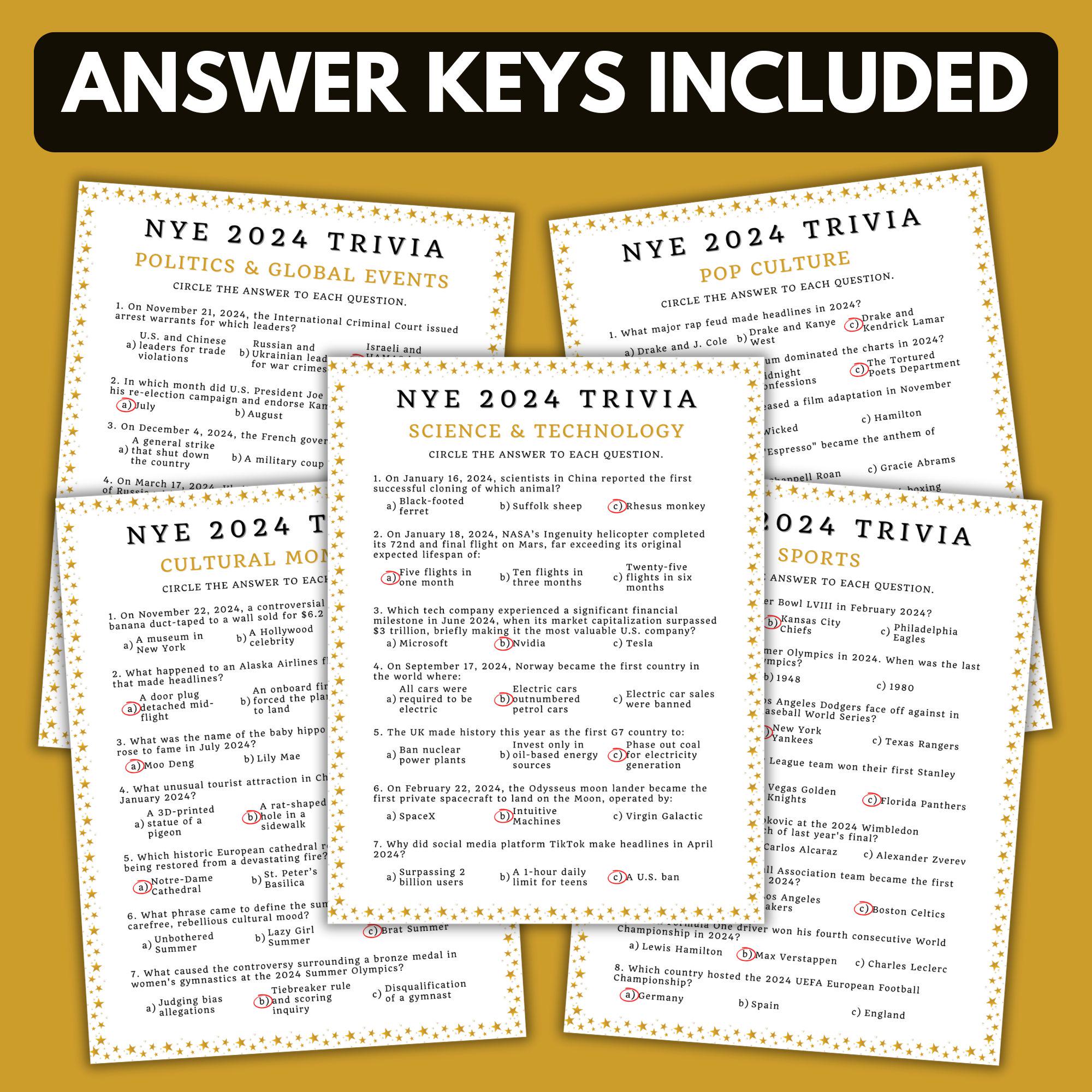 New Year's Eve 2024 Trivia Pack, Printable Games Quizzes Activities for ...