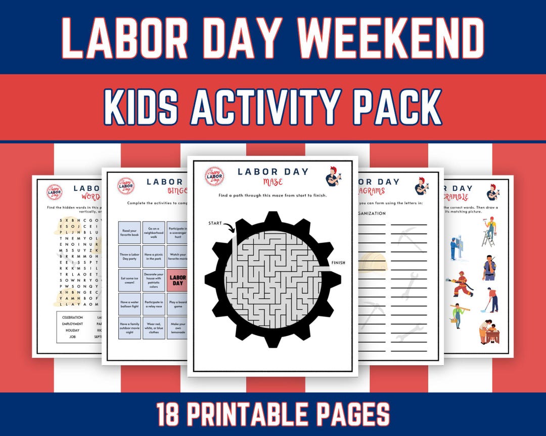 Labor Day Kids Activity Pack, Printable Coloring Puzzles Games Word ...
