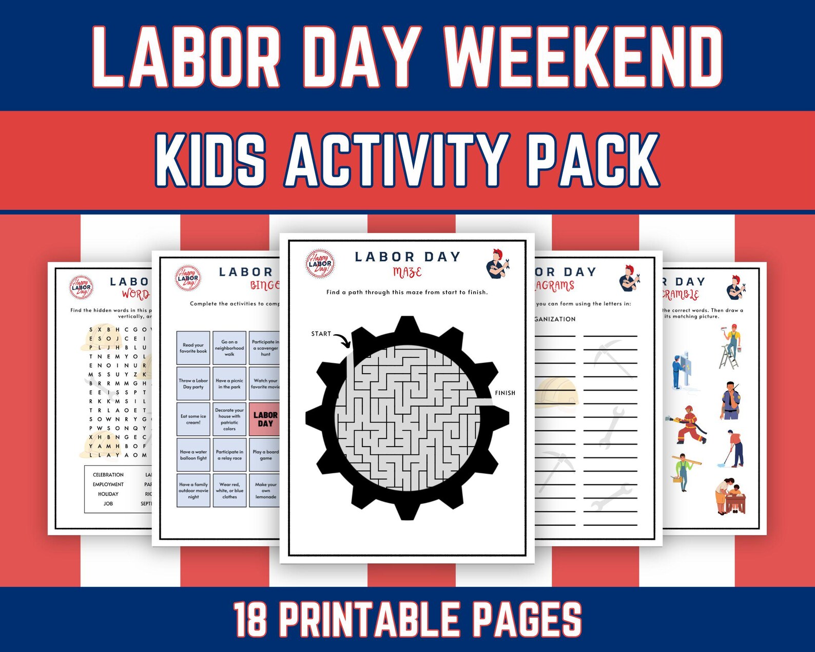Labor Day Kids Activity Pack, Printable Coloring Puzzles Games Word ...