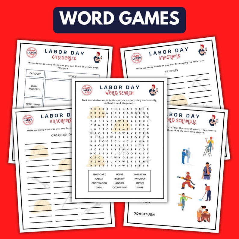 Labor Day Kids Activity Pack, Printable Coloring Puzzles Games Word ...