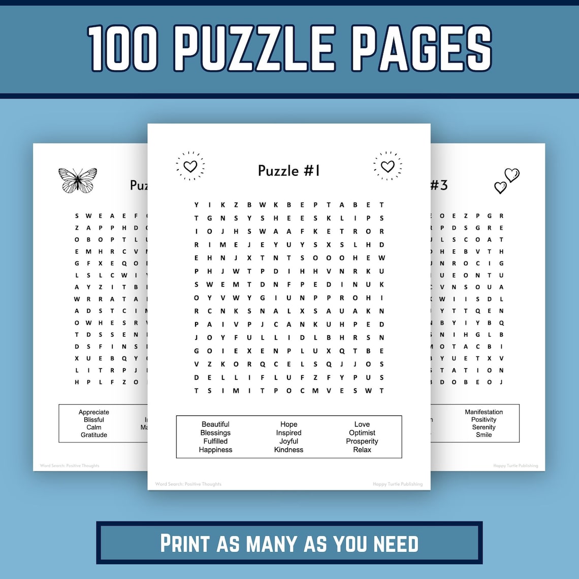 100 Printable Word Search Puzzles, Positive Thoughts, Uplifting Words ...