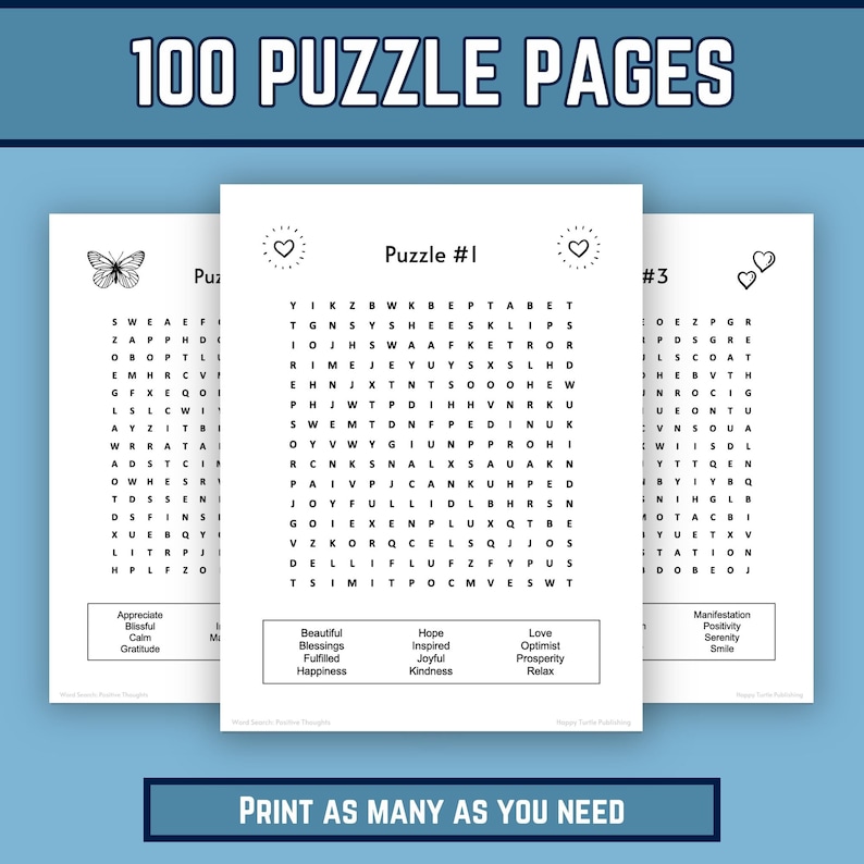 100 Printable Word Search Puzzles, Positive Thoughts, Uplifting Words ...