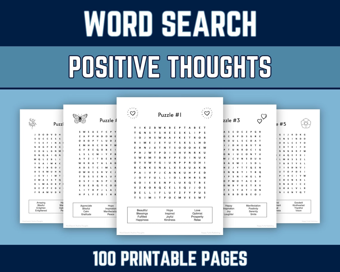 100 Printable Word Search Puzzles, Positive Thoughts, Uplifting Words ...