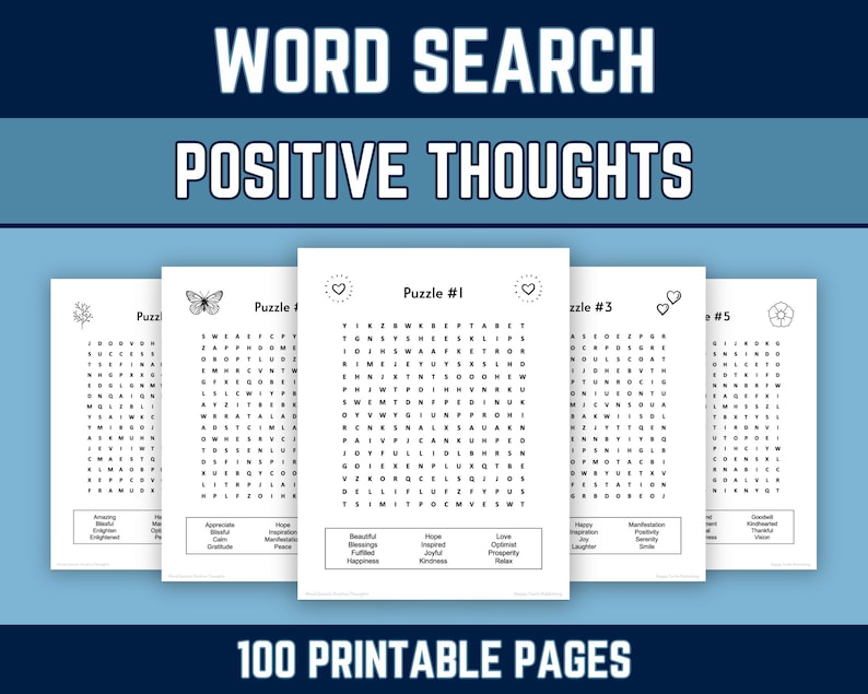 100 Printable Word Search Puzzles, Positive Thoughts, Uplifting Words ...