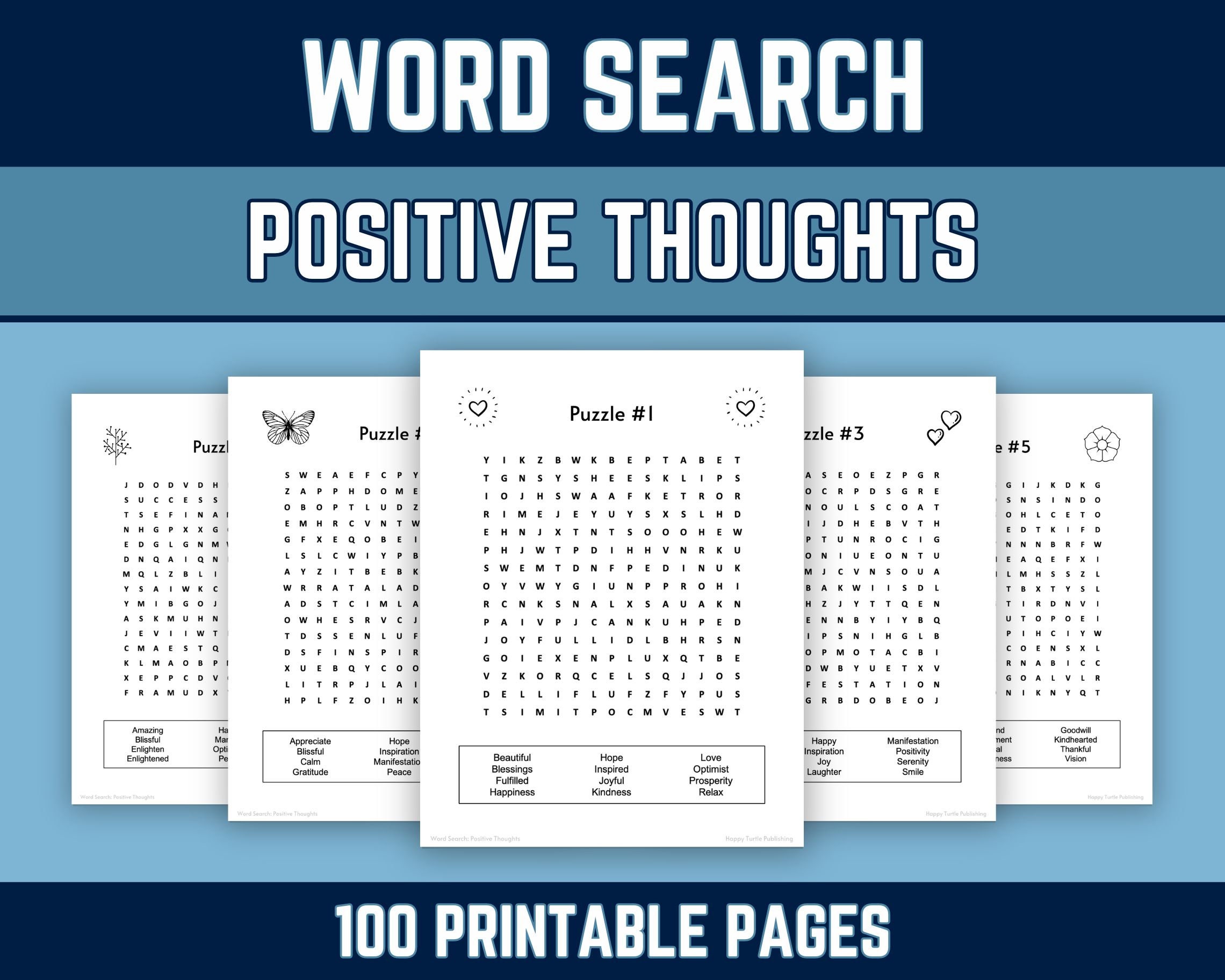 100 Printable Word Search Puzzles, Positive Thoughts, Uplifting Words ...