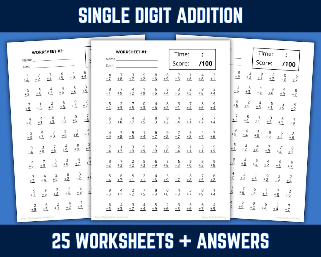 Single Digit Addition Worksheets, Elementary Math Practice, 1st 2nd ...