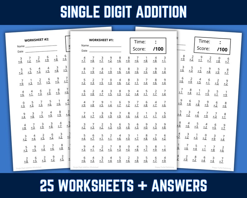 Single Digit Addition Worksheets, Elementary Math Practice, 1st 2nd ...