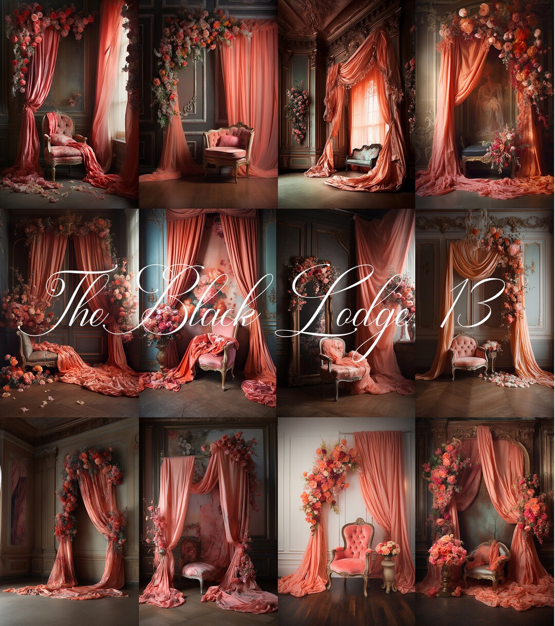 12 Coral Draped Baroque Set Backdrops - Digitally Painted Backgrounds ...