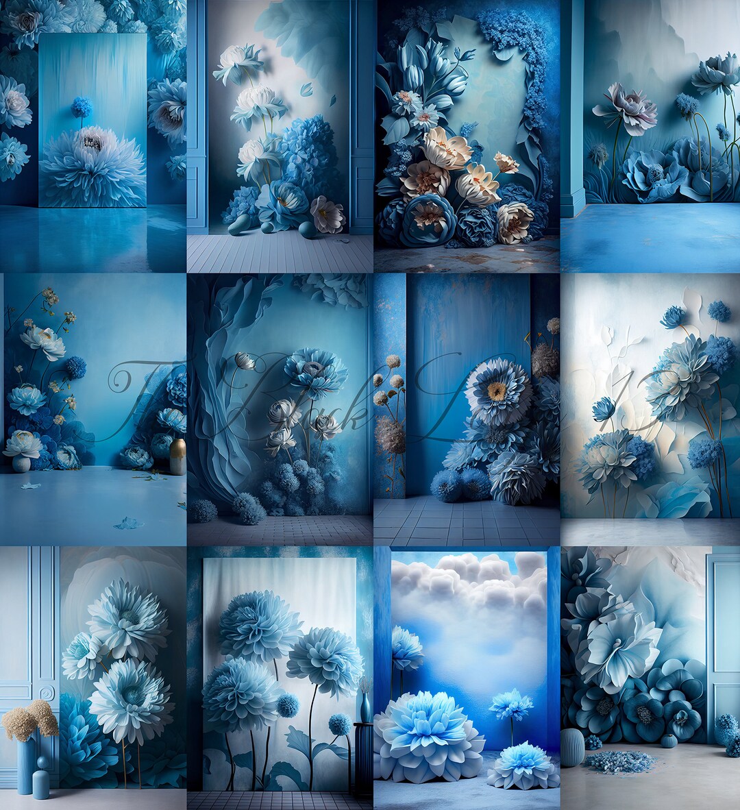 12 Blue Floral Set Backdrops Digitally Painted Backgrounds for ...