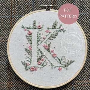 Pretty ‘K’ Embroidery PDF Pattern With Snowdrop Detail, Embroidery ...
