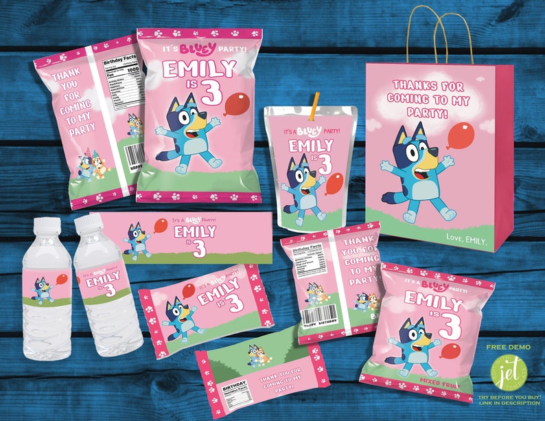 Editable Personalized Kids Blue Dog Birthday Party Bundle Kit, Labels ...