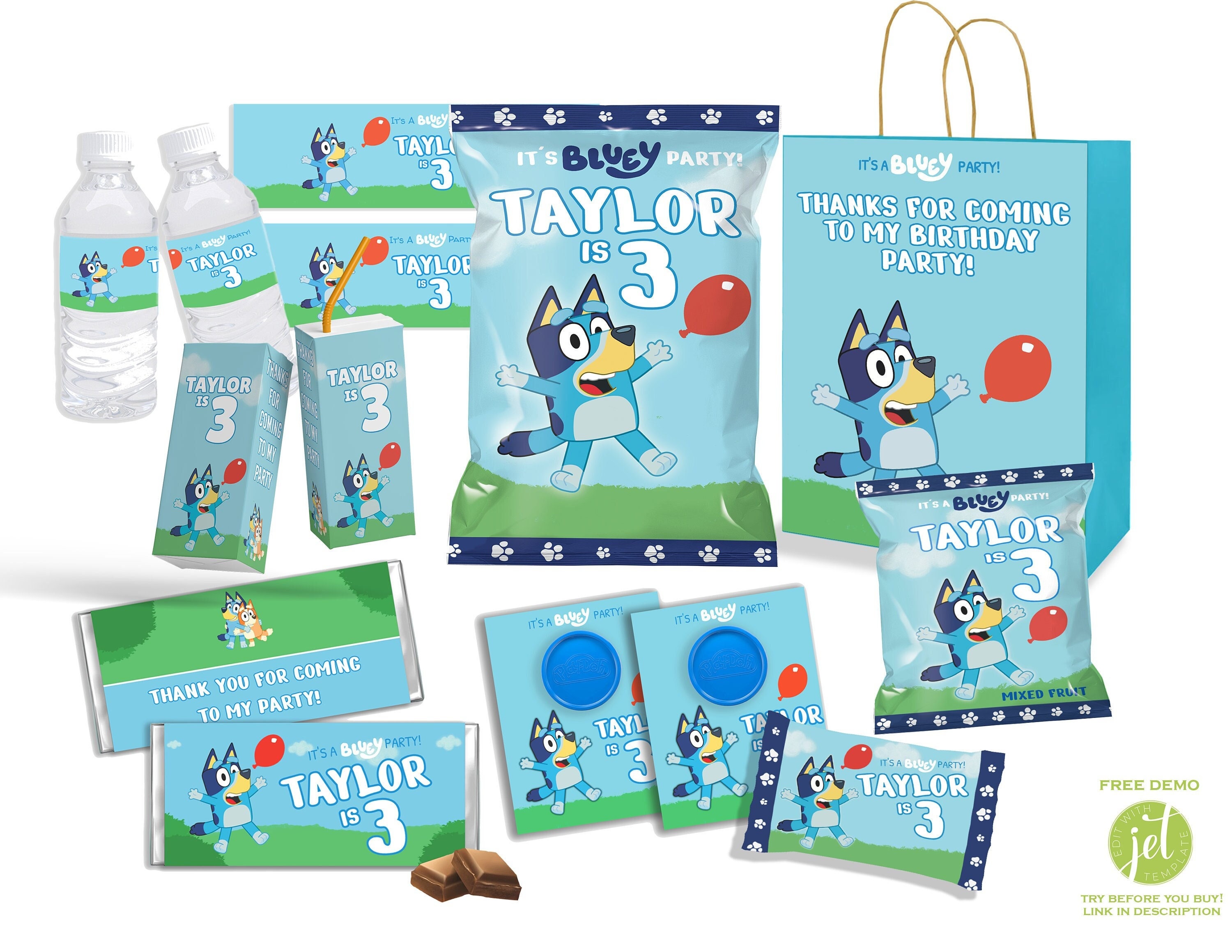 Editable Blue Kids Birthday Party Big Bundle, Blue Dog Editable Wrapper ...