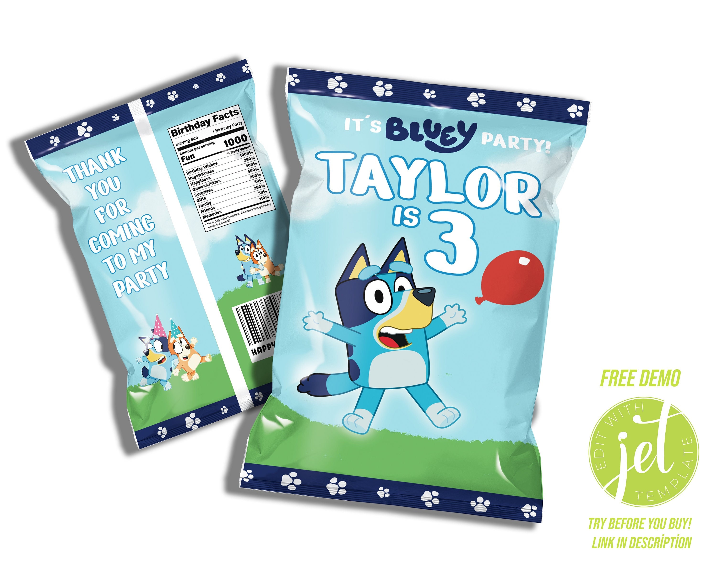 Personalized Blue Kids Birthday Party Bundle, Blue Dod Editable Wrapper ...