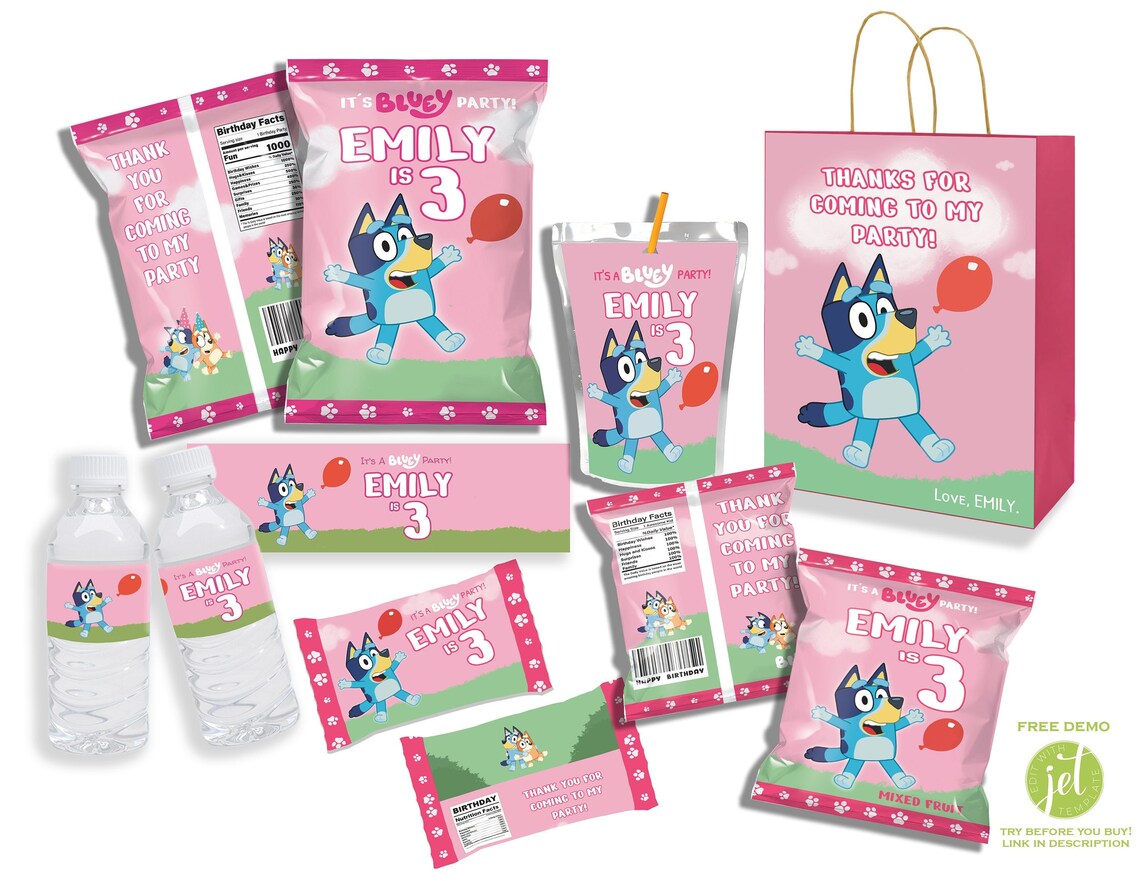 Editable Personalized Kids Blue Dog Birthday Party Bundle Kit, Labels ...