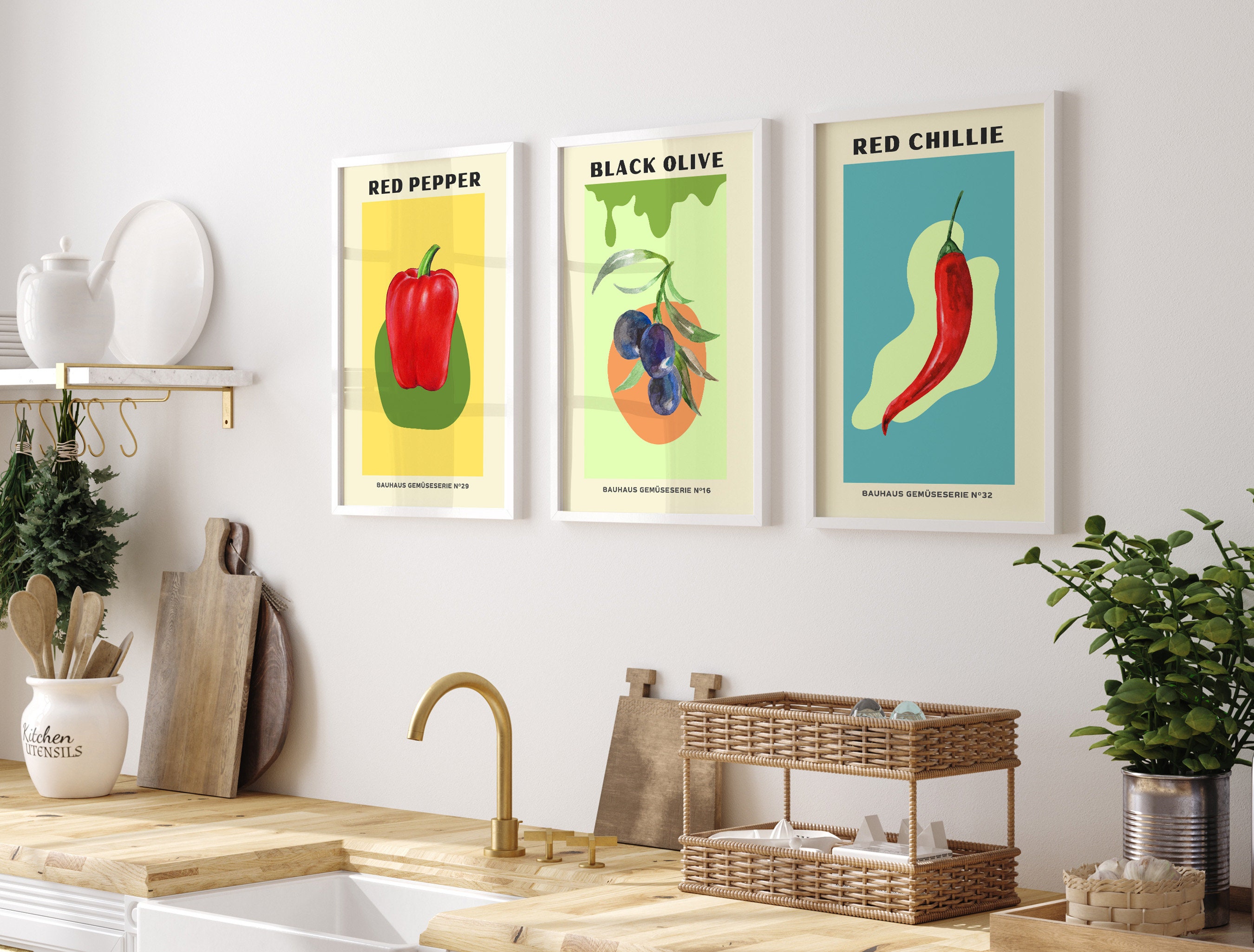 12 Retro Vegetable Art Posters, Bauhaus Gallery Set, Colourful ...