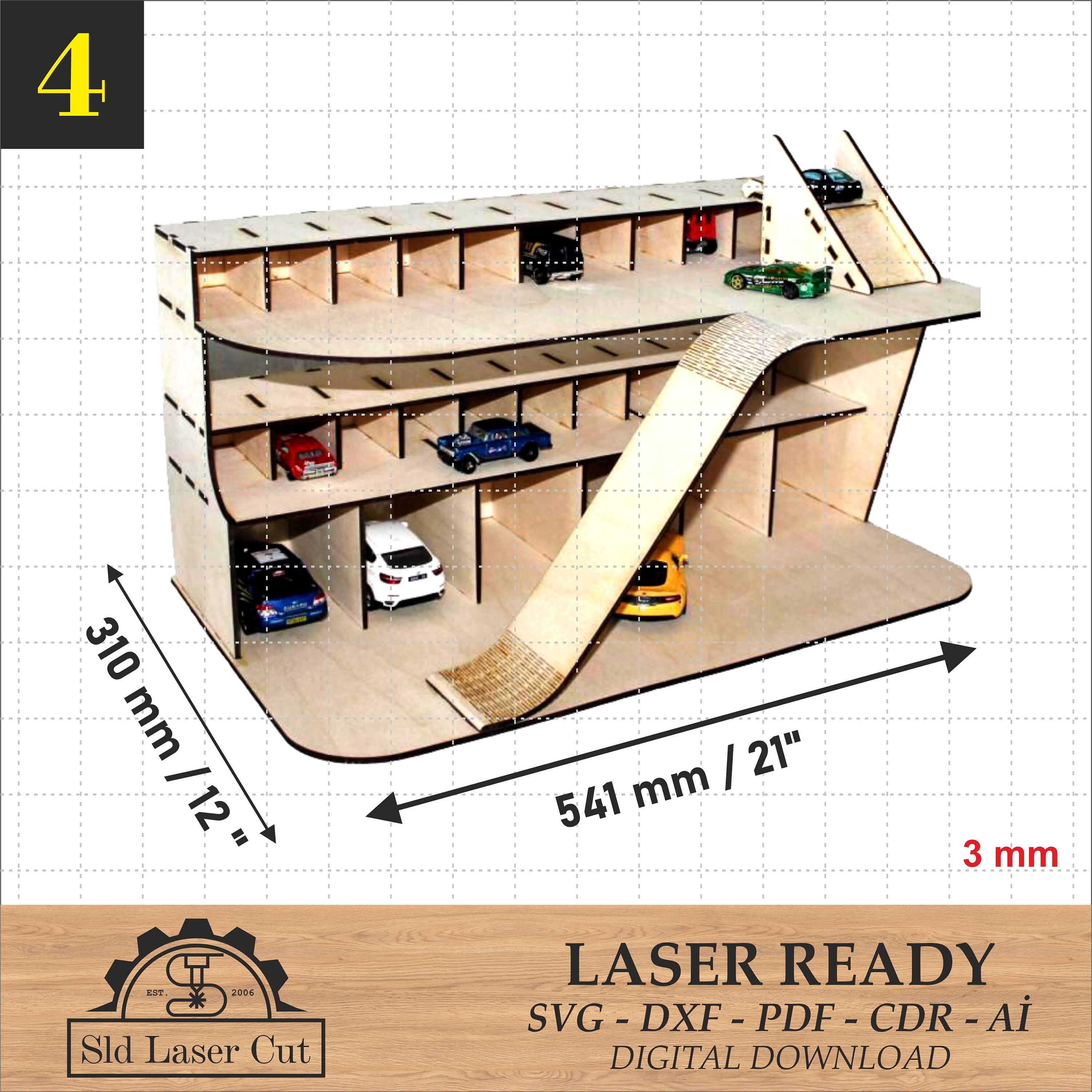 4 Jumping Ramp Wooden Toy Garage With Parking Garage for Toy Cars ...