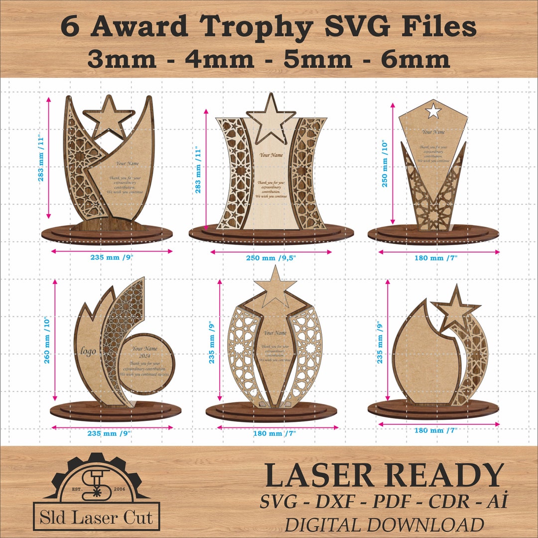 6 Different Designs Award Trophy Laser Cut Files Pack, Award Trophy SVG ...
