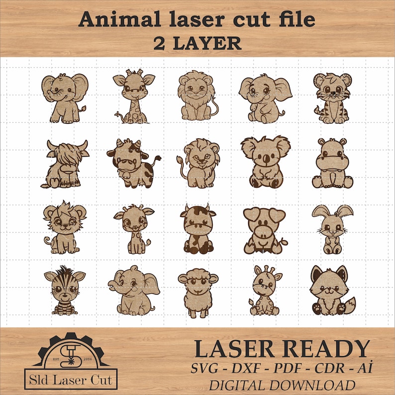 20 Cute Animal Shapes Laser Cut File. Two-layer Vector Files SVG, Ai ...