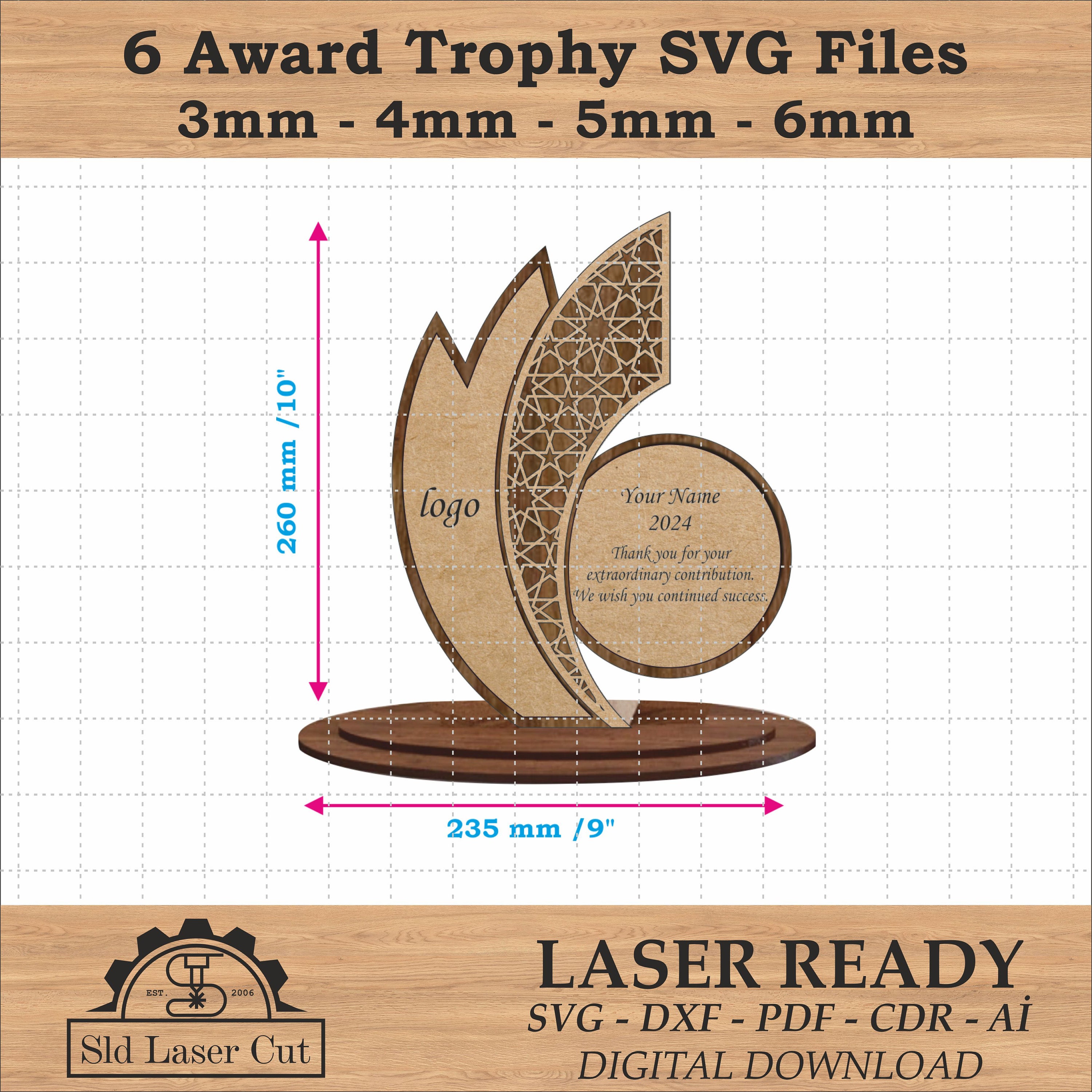 6 Different Designs Award Trophy Laser Cut Files Pack, Award Trophy SVG ...