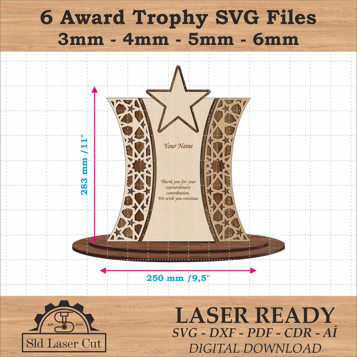 6 Different Designs Award Trophy Laser Cut Files Pack, Award Trophy SVG ...