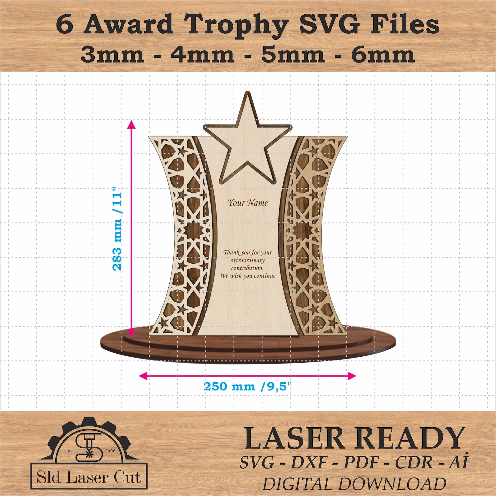 6 Different Designs Award Trophy Laser Cut Files Pack, Award Trophy SVG ...