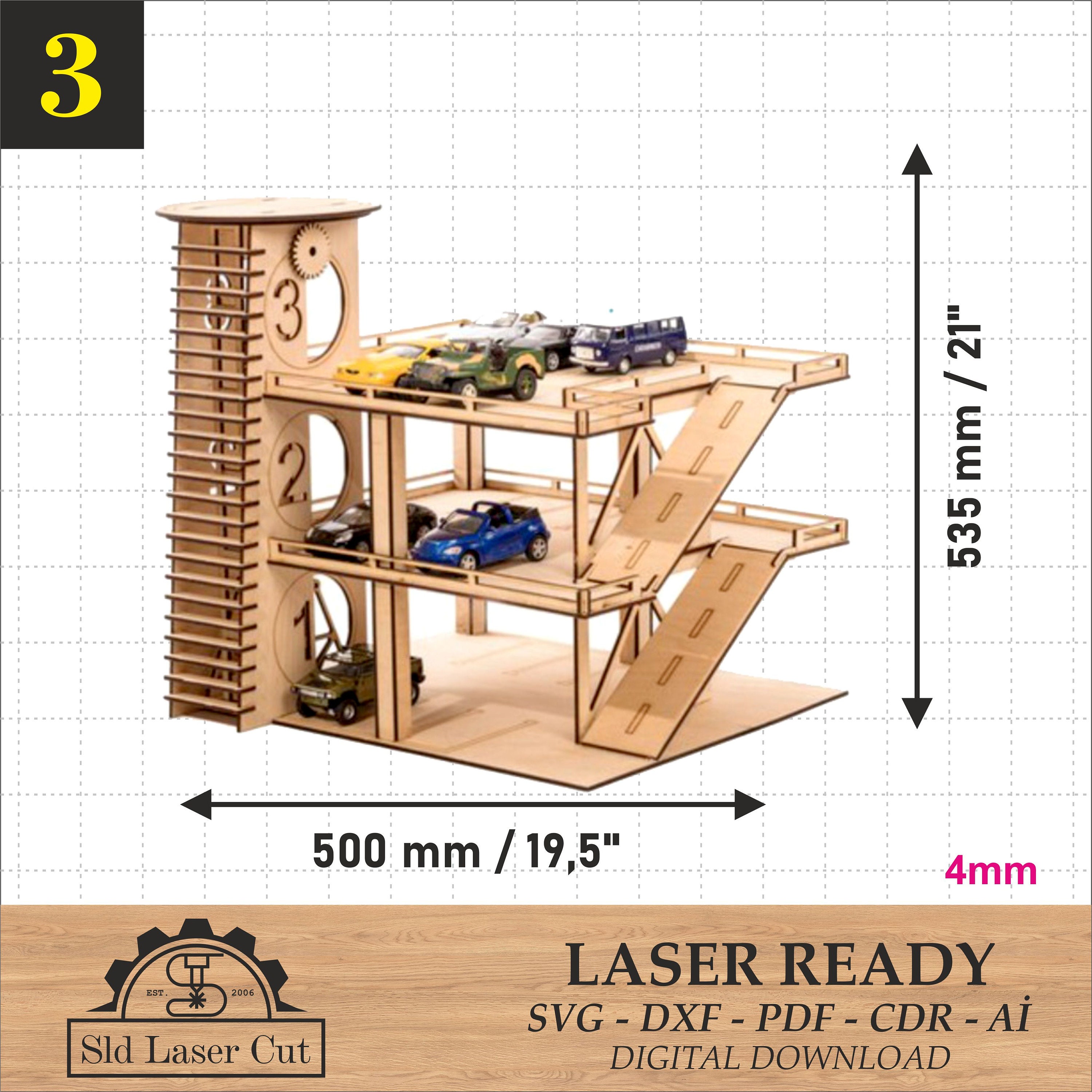 4 Jumping Ramp Wooden Toy Garage With Parking Garage for Toy Cars ...