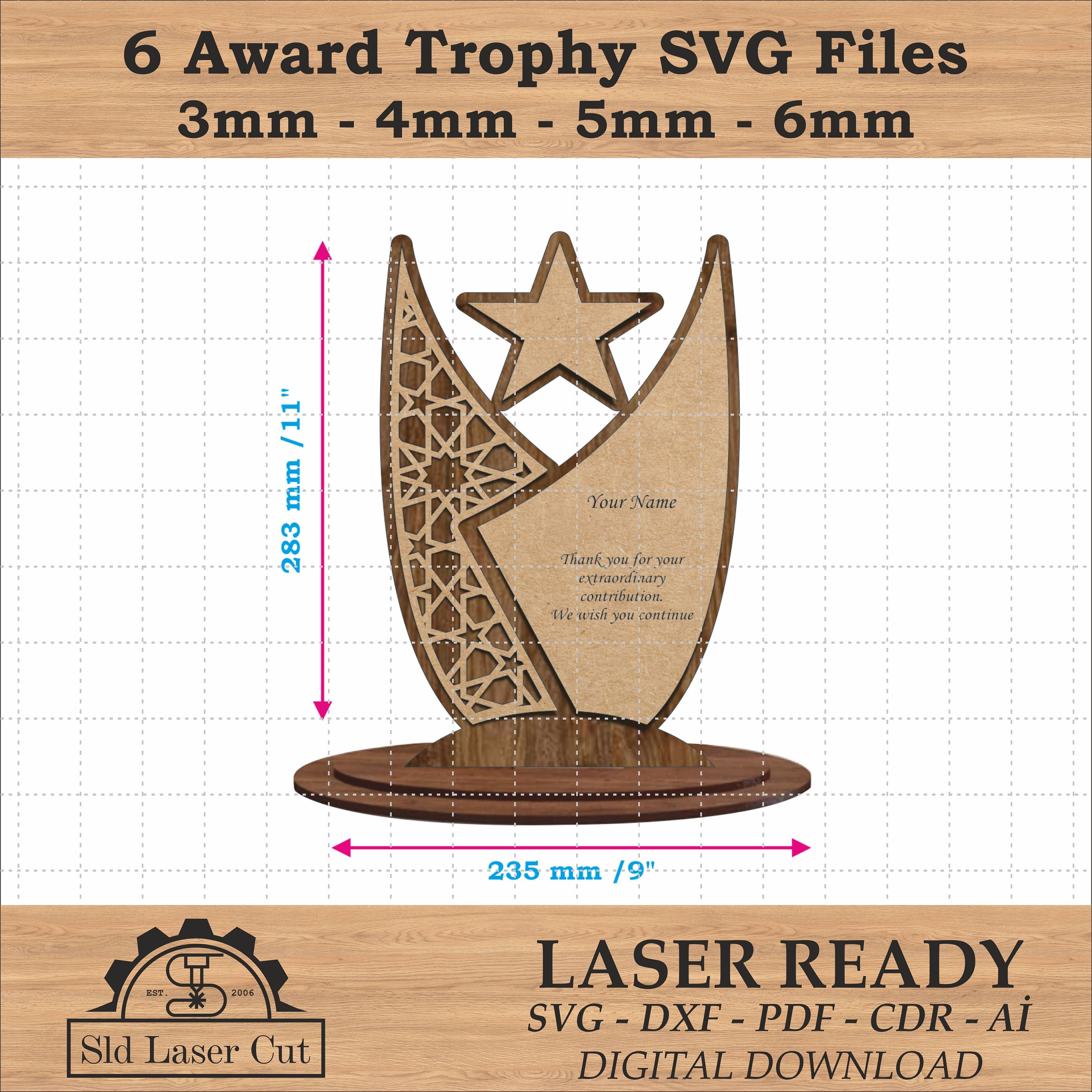 6 Different Designs Award Trophy Laser Cut Files Pack, Award Trophy SVG ...