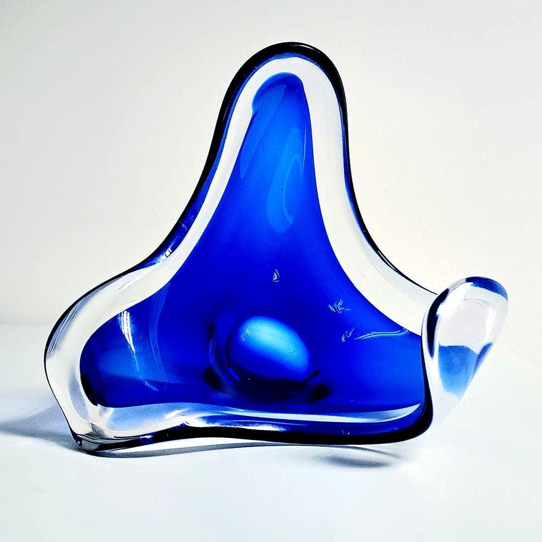 1970s Bayel French Blue Clear Blown Glass Sculpted Bowl Freeform Glass ...