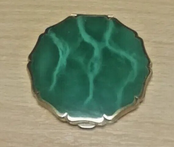 1970s Brass Stratton powder compact Marbled Green Lid - Gem