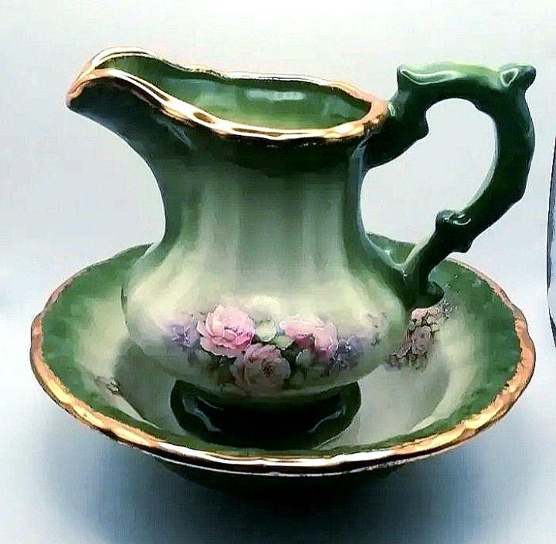 1930s Small Staffordshire Alpha Omega Flora & Fauna Green Floral Water ...