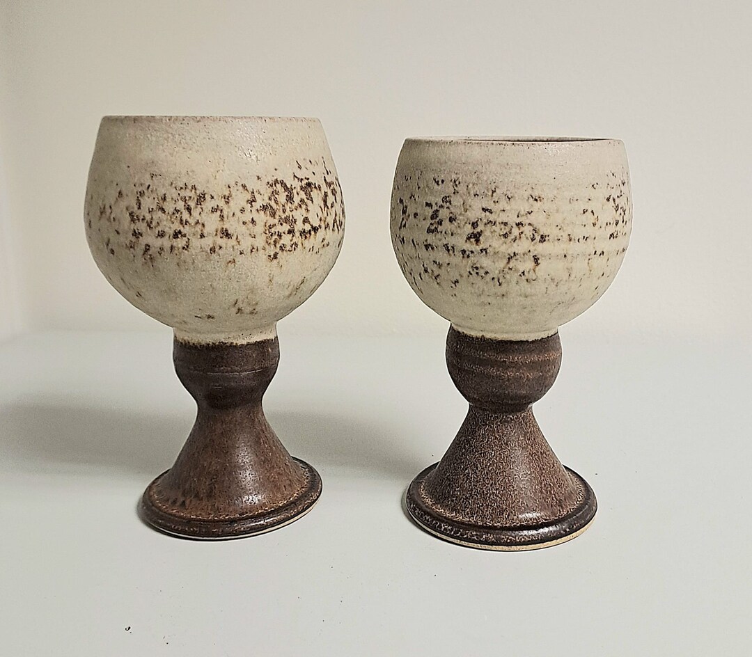 1960s Stoneware Medieval Style Pottery Goblets Cups Brown Beige Pottery ...