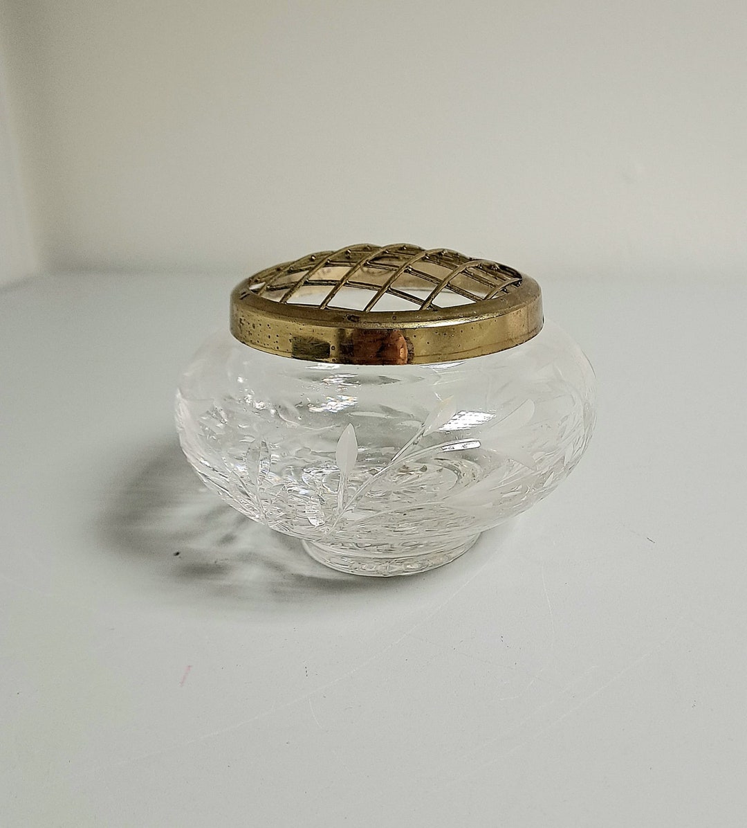 1960s Stuart Crystal Cut Glass Bowl Plinth Rose Bowl Vase, With Brass ...