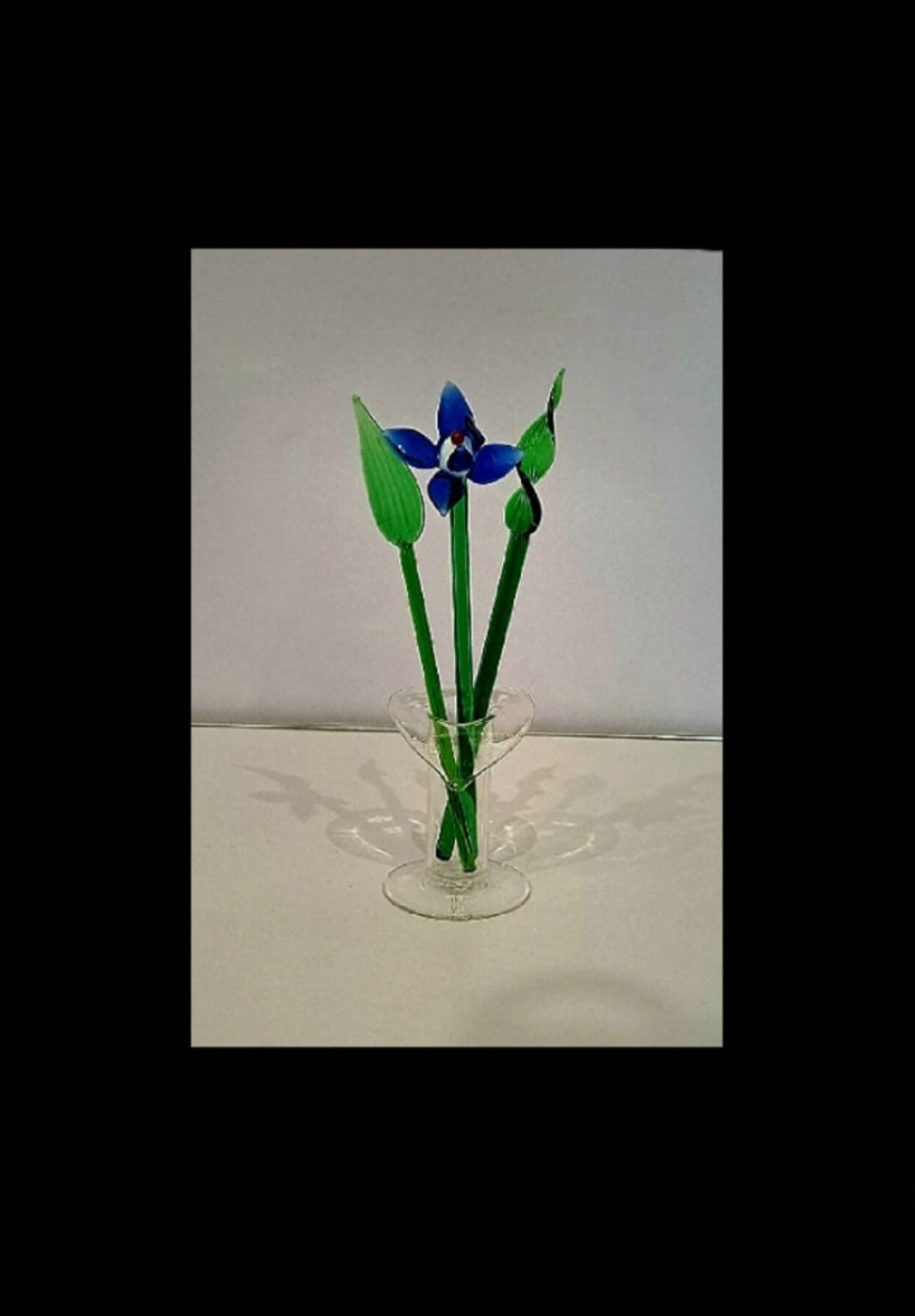 1980s Suffolk Studio Miniature Blown Glass Vase With Blue Flower and ...