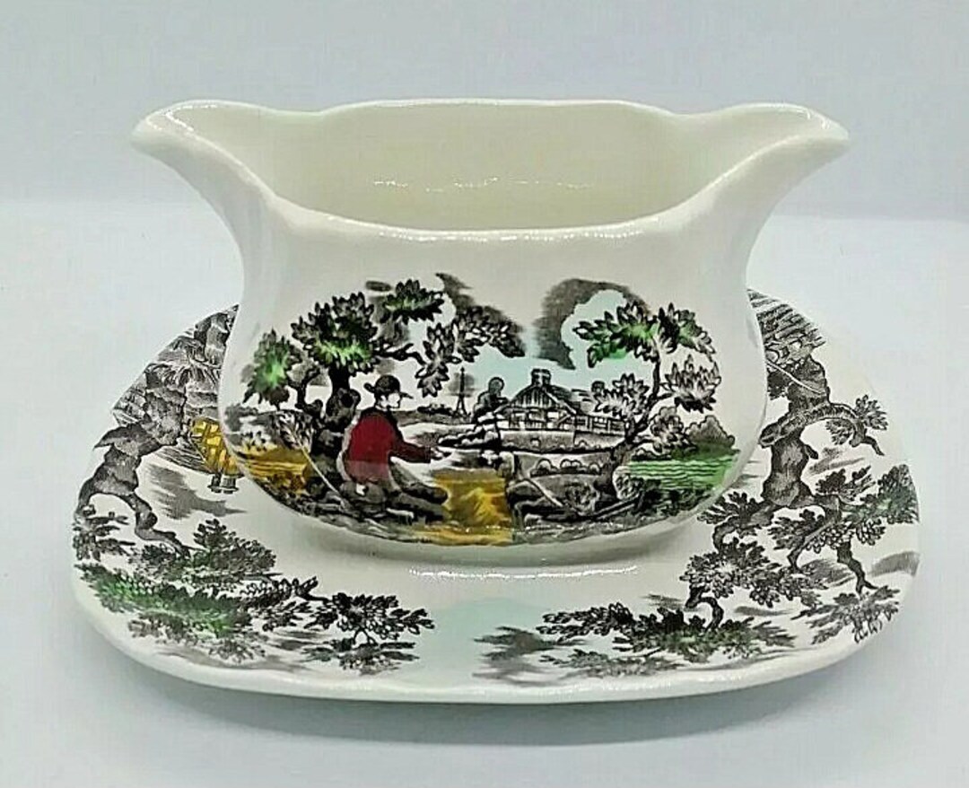 1950s Myott the Hunter Gravy Sauce Boat on Fused Drip Tray Transferware ...
