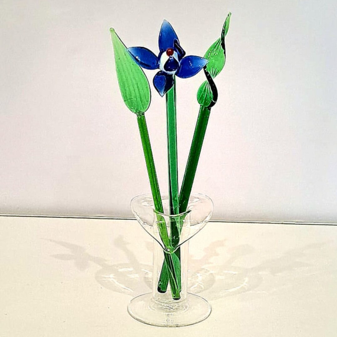 1980s Suffolk Studio Miniature Blown Glass Vase With Blue Flower and ...