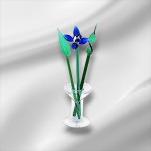 1980s Suffolk Studio Miniature Blown Glass Vase With Blue Flower and ...