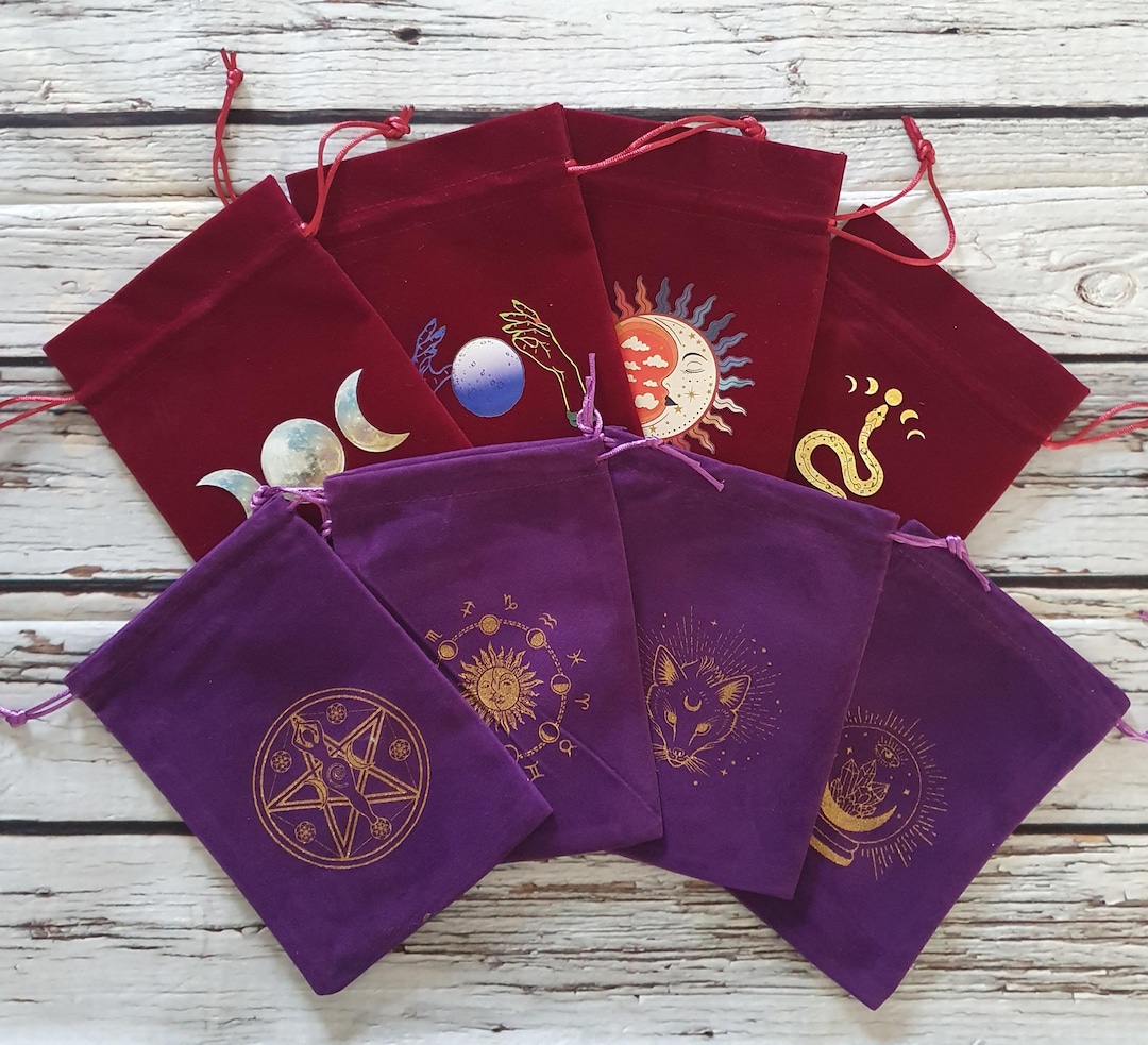 Tarot Card Pouch - Velvet Tarot Storage, Pentagram, Crystal Ball, Sun and Moon, Sacred Geometry ...