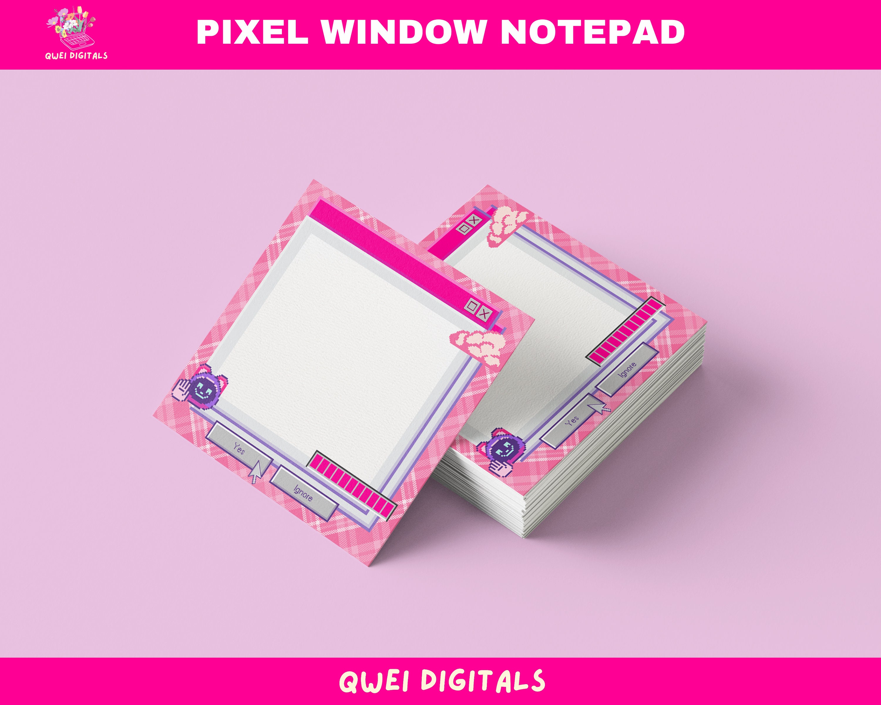 Pixel Window Printable Notepad Retro Memo Pad Pixelated Notepads Pink Purple Retro Cute ...