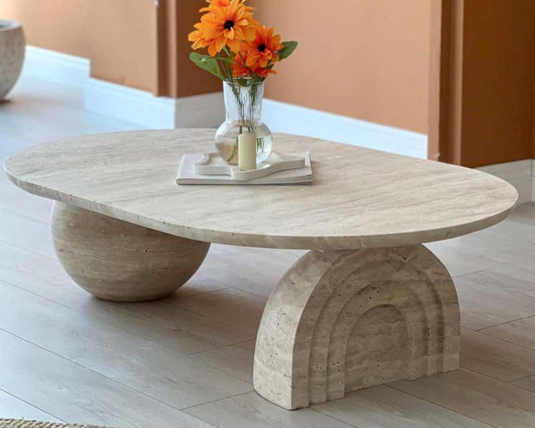 Handmade Travertine Coffee Table – Sculptural Modern Oval Table With ...