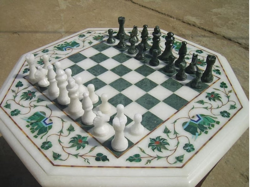Marble Chess Board With Malachite Stone Semi-precious Stones Handmade ...