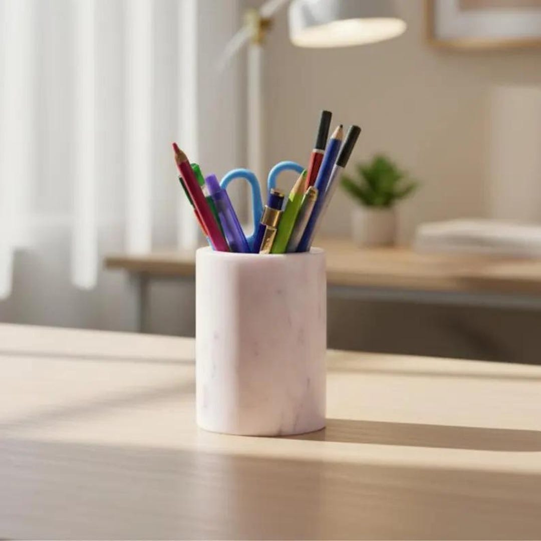 White Marble Pen Holder | Modern Desk Organizer Cup - Etsy